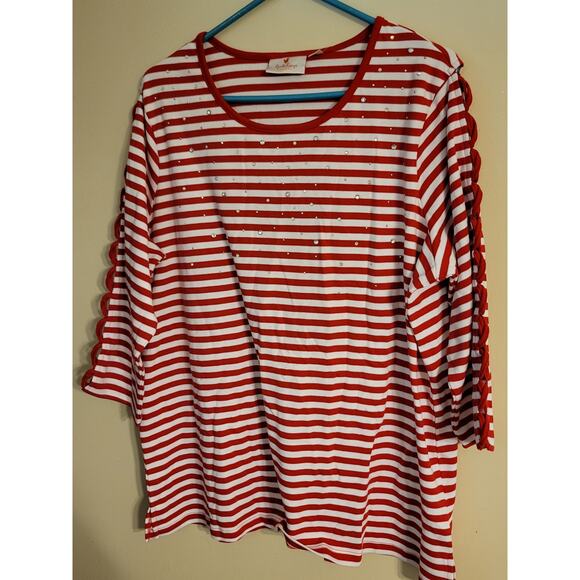 Quacker Factory | Tops | Quacker Factory Xl Red Stripped Top Laced Arms ...